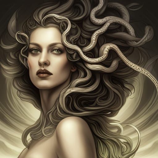 Sn evil greek goddess Medusa with snake hair detailed dark digital art ...
