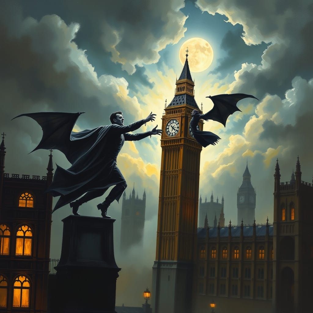 Vampires fight an epic battle on top of Big Ben in London! oil painting by James Gurney