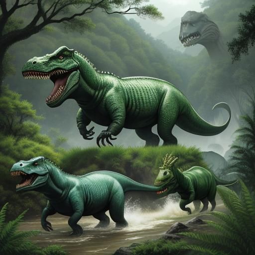 T-Rex in Ancient Mesozoic Landscape with Ferns and... - AI Art