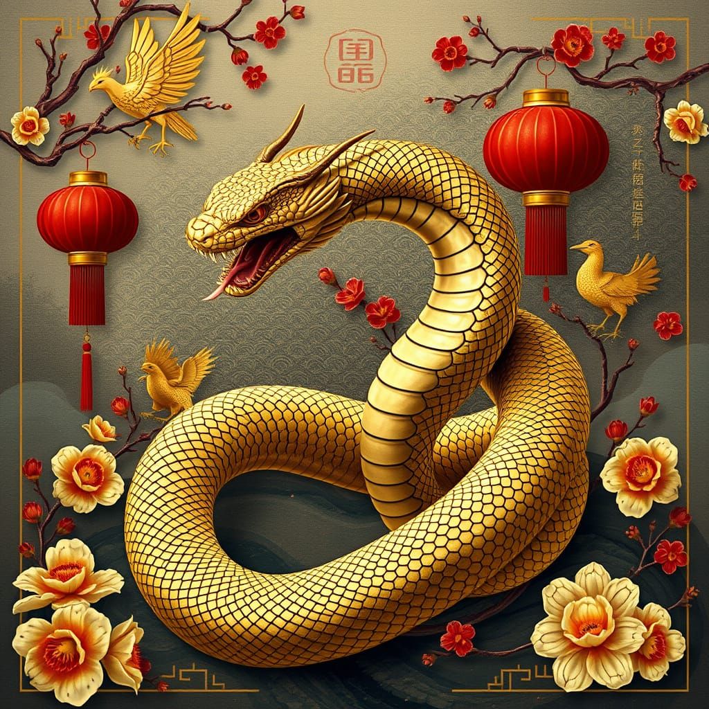 Year of the Snake - Majestic Golden Snake Amidst Ancient Chi...