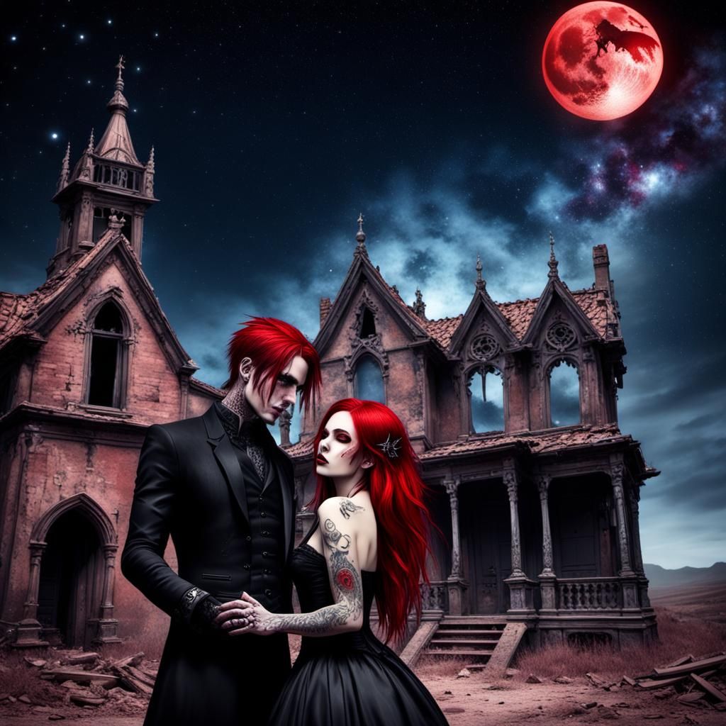 beautiful gothic couple, girl with red hair and black gothic dress,glowing red eyes, tattoed ...