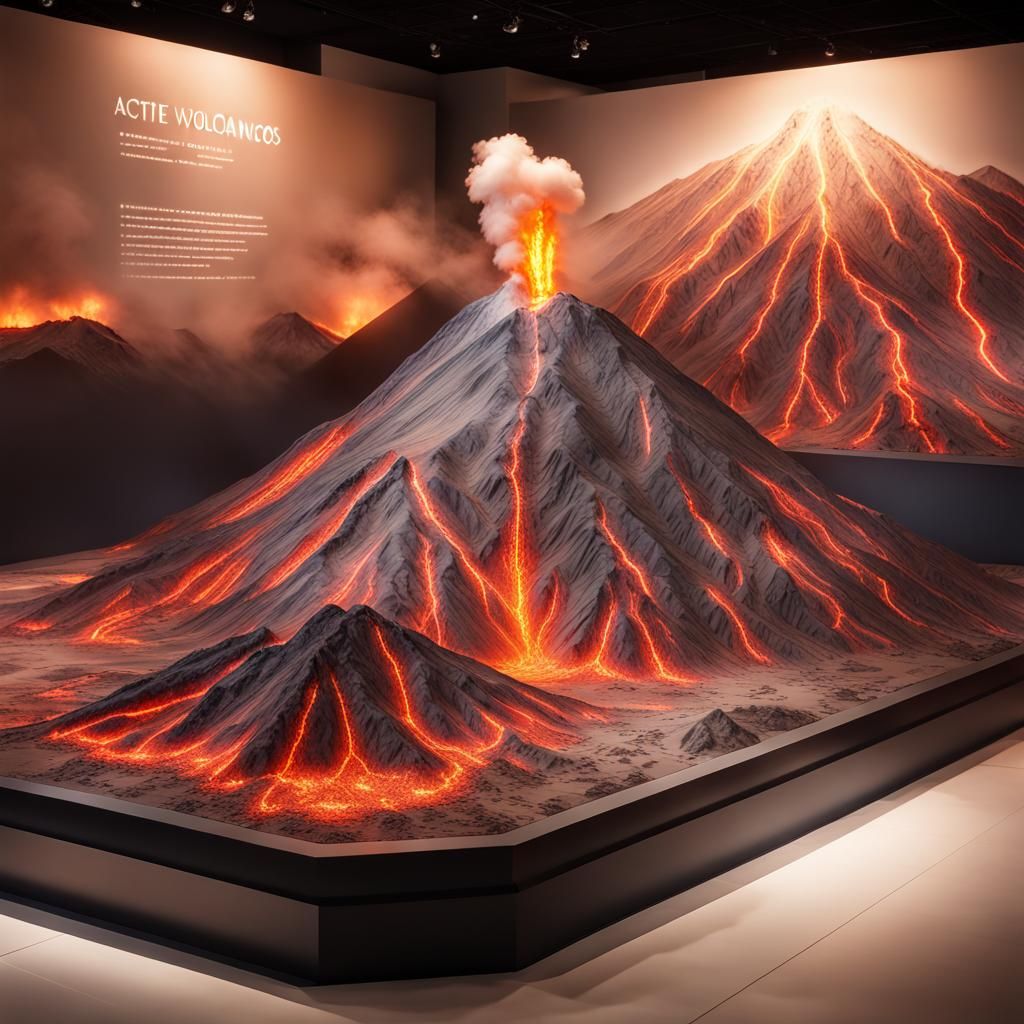 3D active volcano display in a prestigious museum display, soft ...