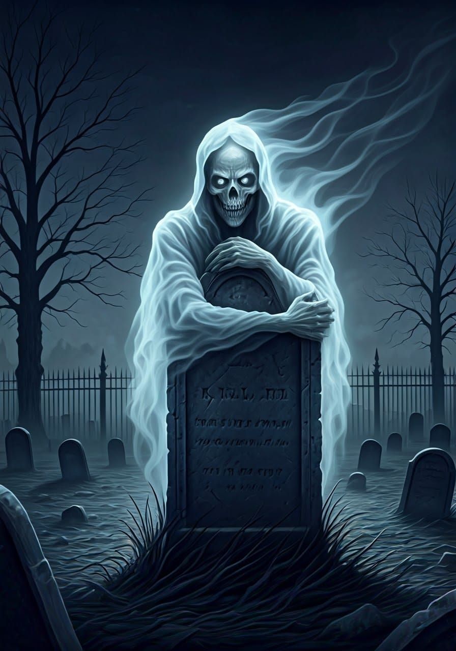 Ethereal Ghost Spirit Embracing Tombstone in Haunt... - AI Art