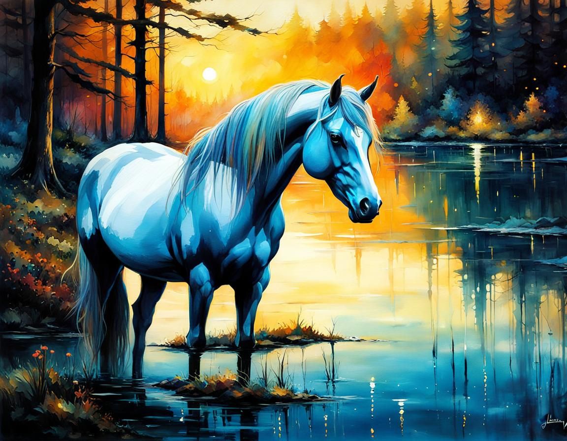 A beautiful shiby glass detailed unicorn drinking at a sparkling lake ...