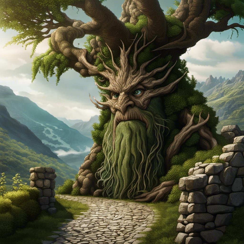 Treebeard on the side of a cobblestone path with mountain views. - AI ...