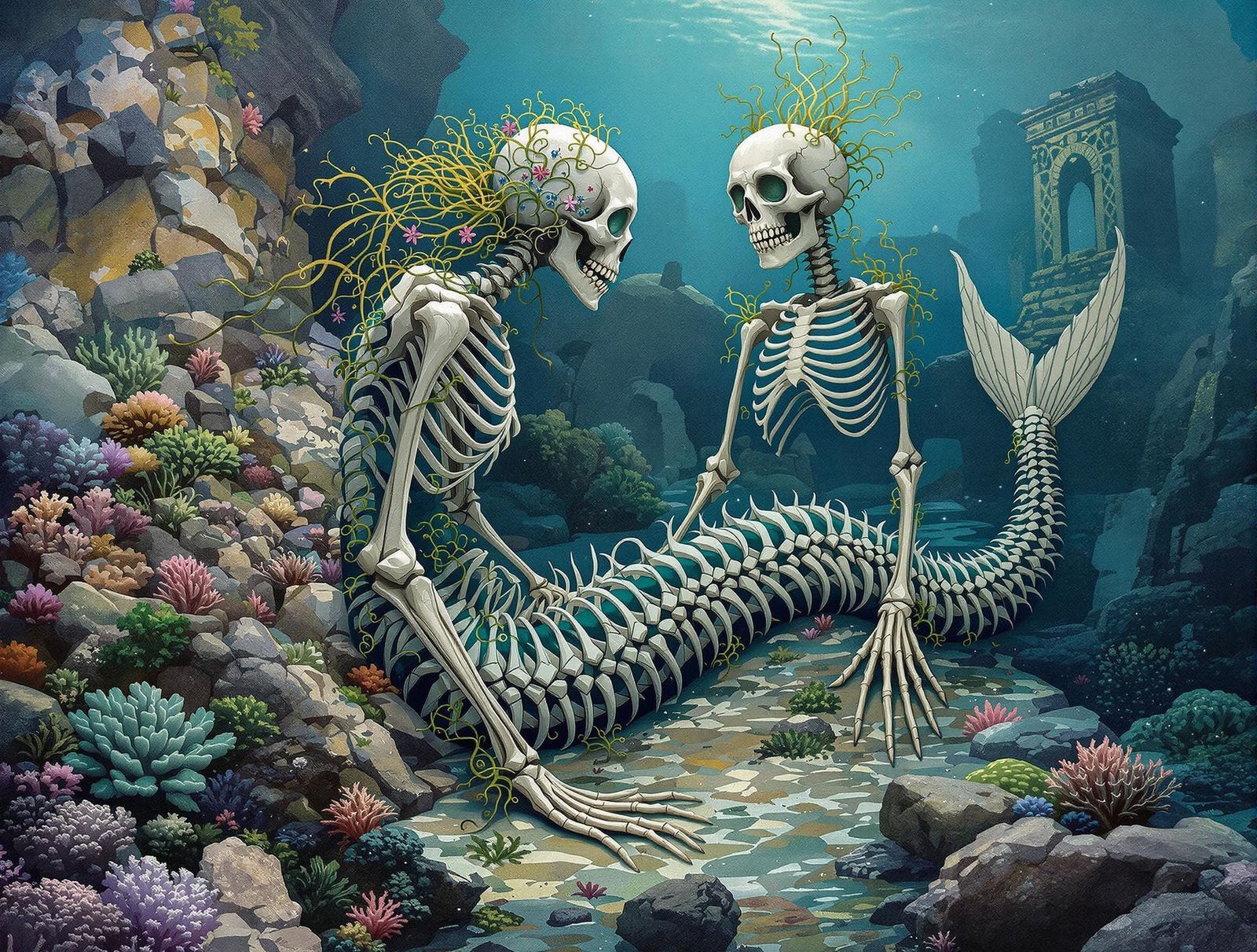 An ancient mermaid skeleton with coral and seaweed growing from it, the ...