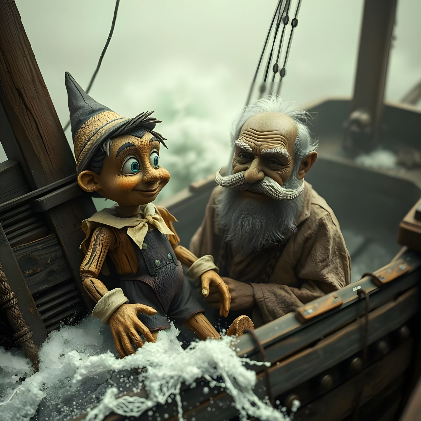 Pinocchio and Geppetto in the rescue boat