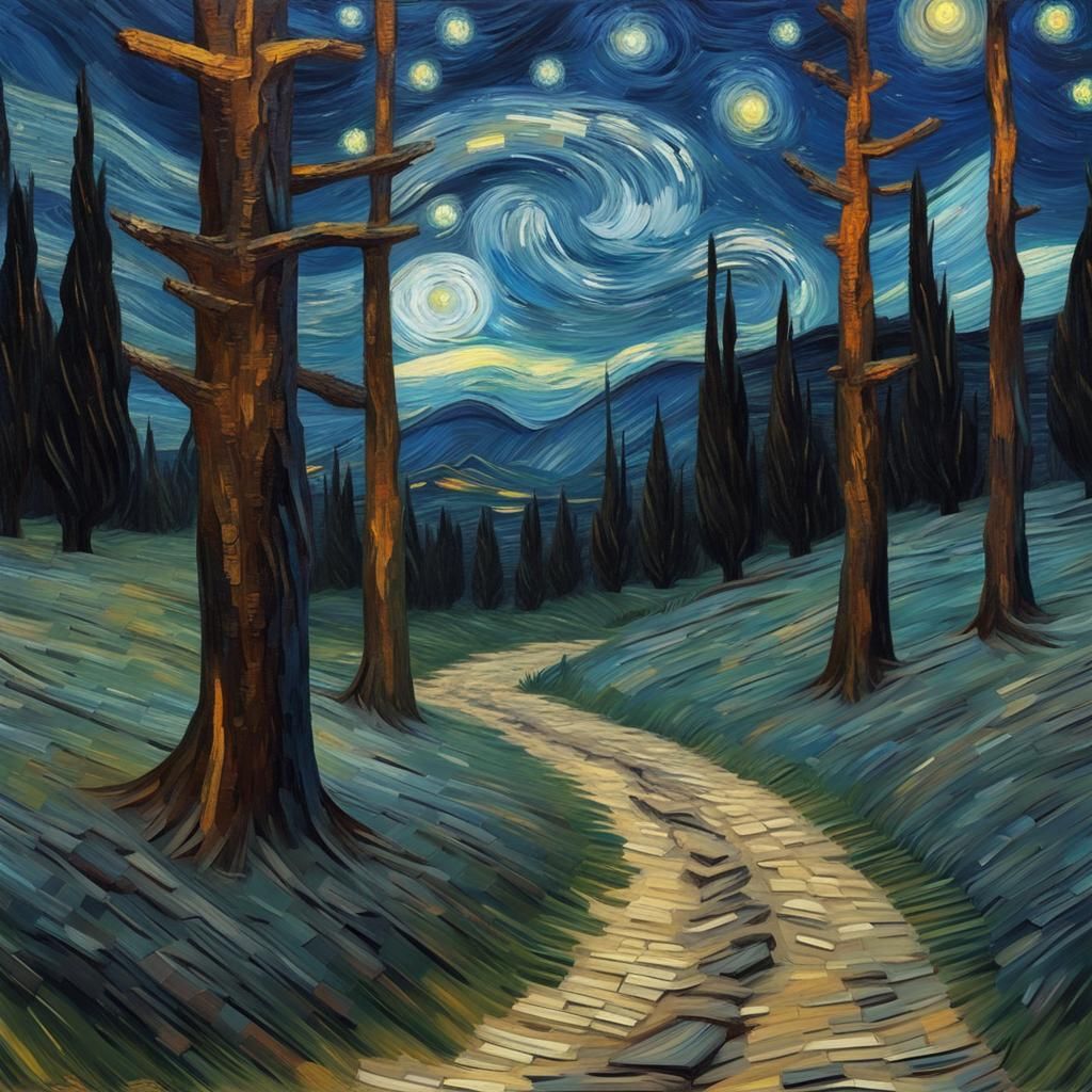 Dark Pine Forest, Streaking Starry Night Skies, Meandering Stony Path ...