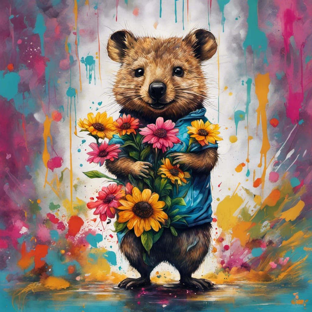quokka holding flowers, graffiti art, splash art, street art, spray ...