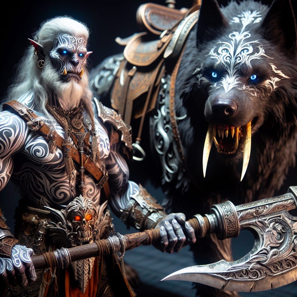 Muzarigud Shadow Wielder -- a rare grey orc and his worg mount ...