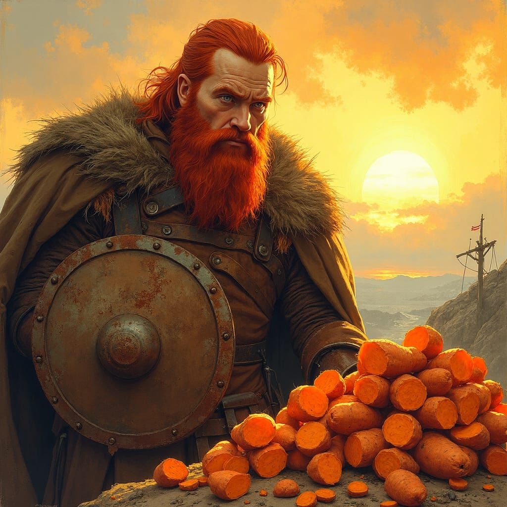 A redheaded Viking scared of a pile of sweet potatoes