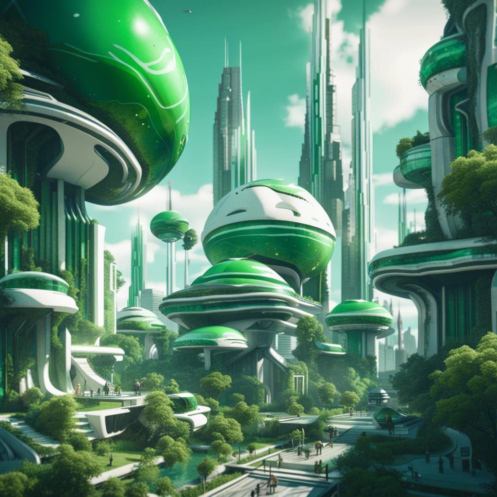 utopian futuristic city with a green and white color scheme at noon ...