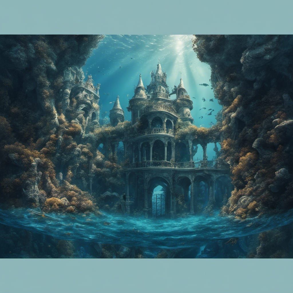 huge blue sea castle for mermaids deep in the ocean, perspective from ...