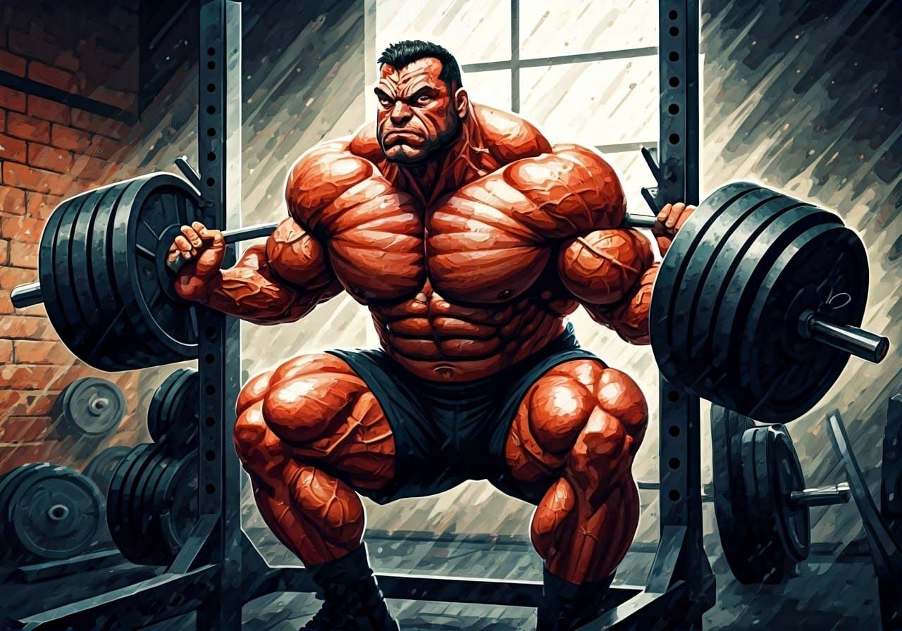 Heavy Barbell Squats. - Heavily Muscular Bodybuilder in a Gr...