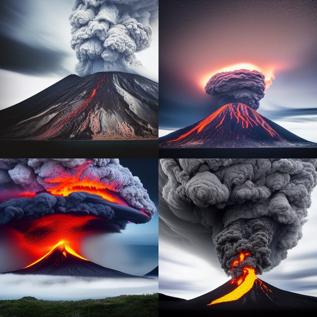 volcano eruption, explosion, mountains, ocean, giant storm, heavy ...