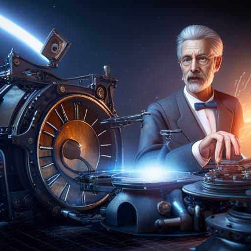 Old scientist inventing time machine,all galaxys in screen - AI ...