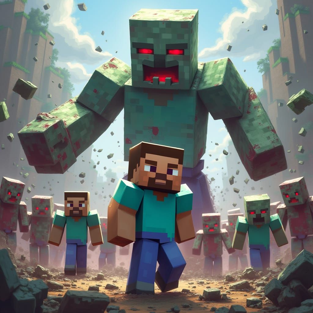 Brave Steve Faces Off Against a Horde of Zombies i... - AI Art