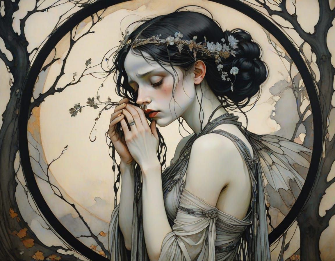 Whimsical Weeping Fairy in a Smoky Battlefield Cir... - AI Art