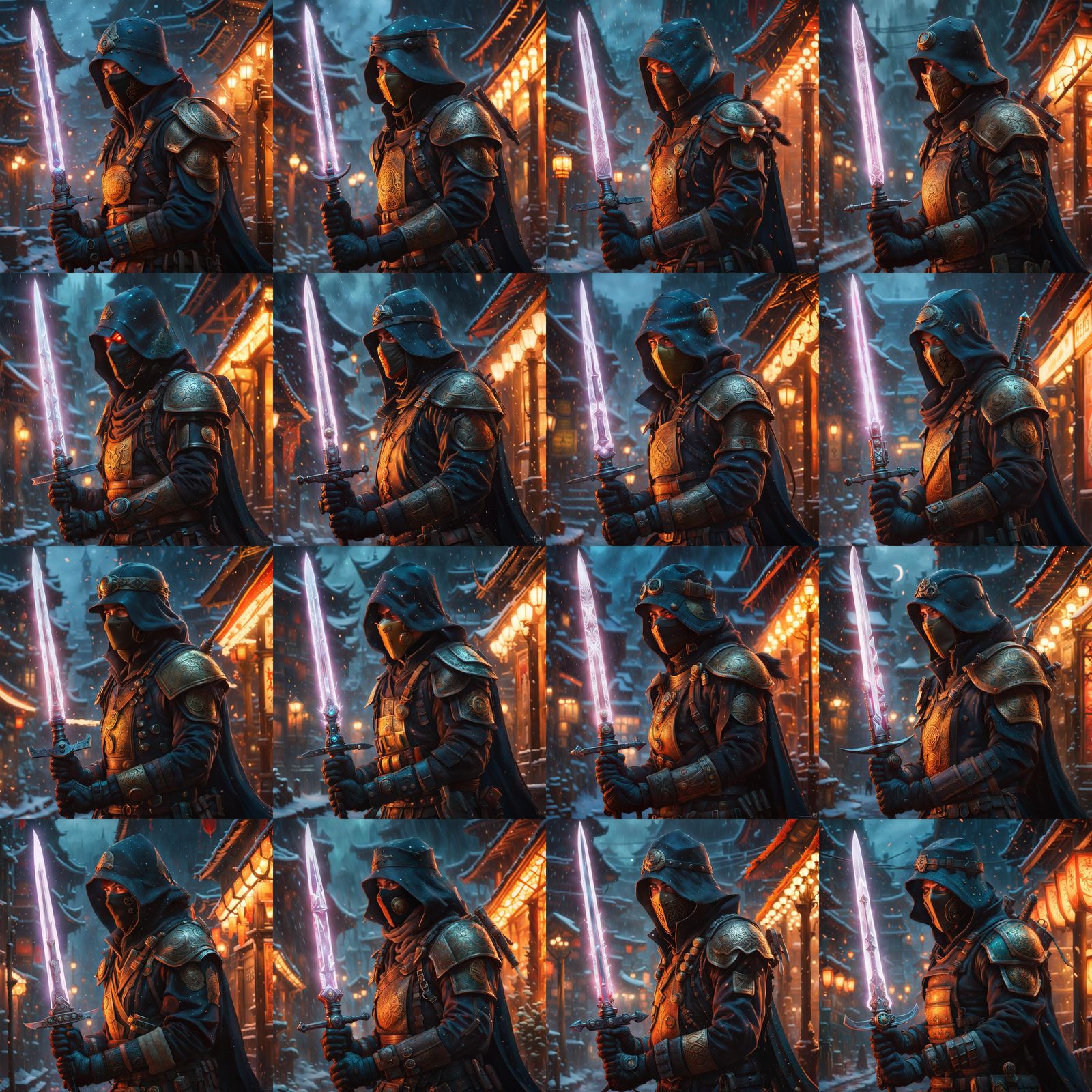 "Medium shot of ominous and masked mercenary wielding a long glowing ...