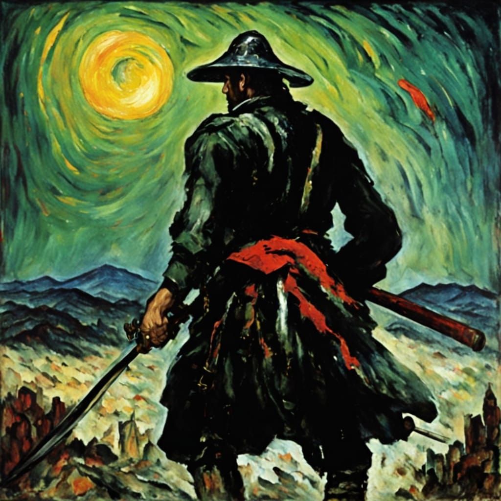 Ethereal Samurai Under Red Moonlit Skies - AI Art