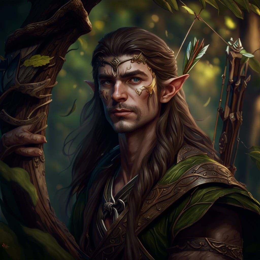 A portrait of a wood elf with long brown hair shooting with his ...