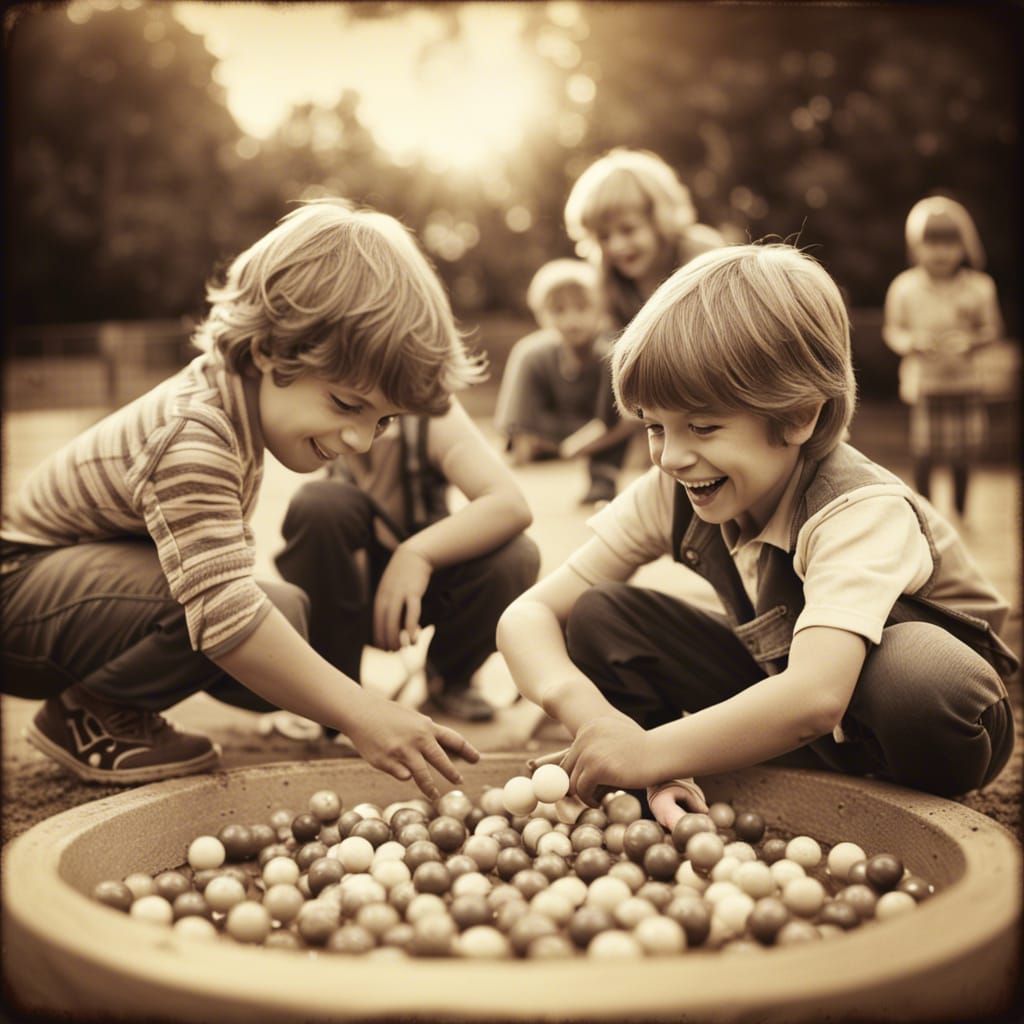 Sepia photo of beautiful young children in the 80s playing marbles in ...