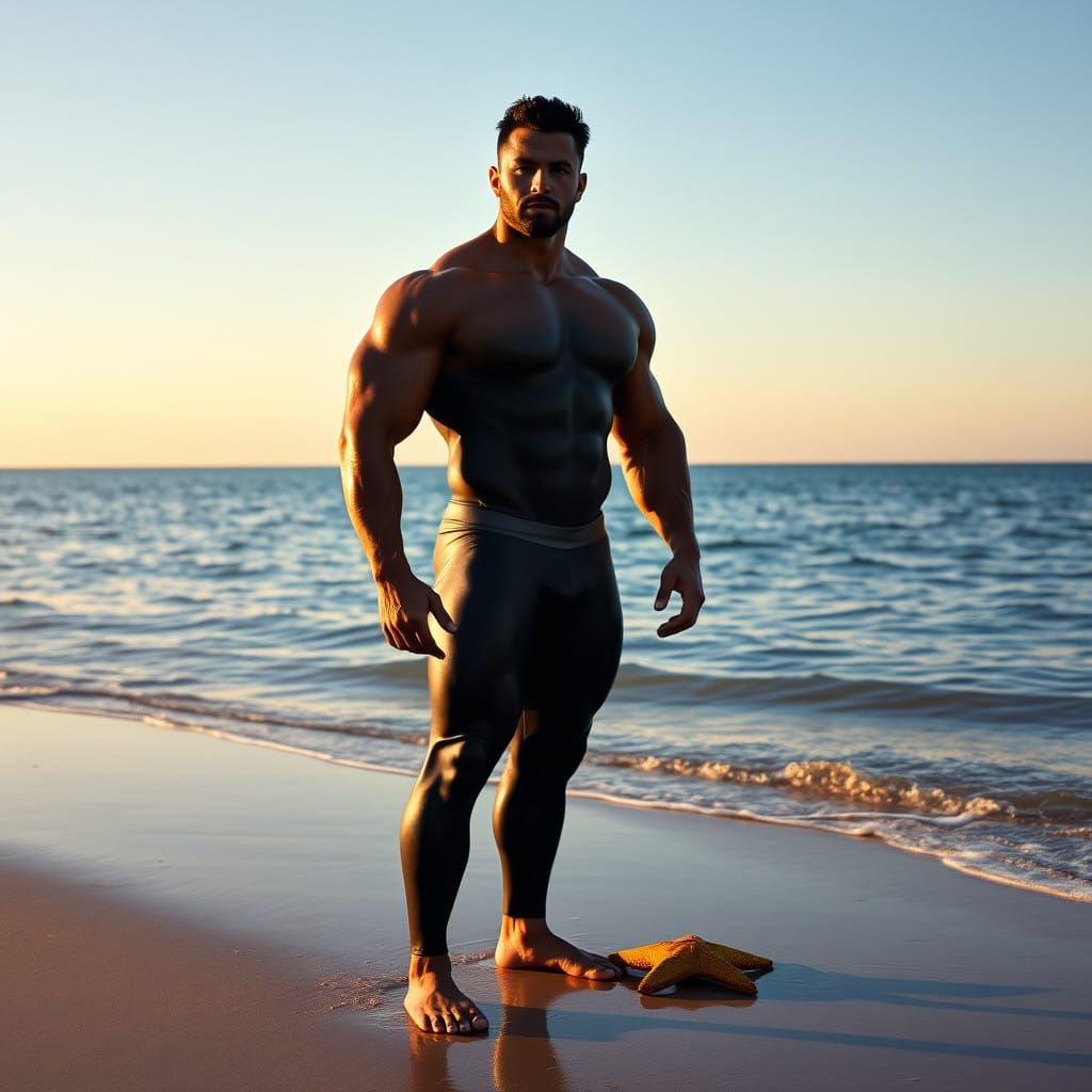 Dive Time. - Chiseled Bodybuilder Surveys the Ocean at Golde...