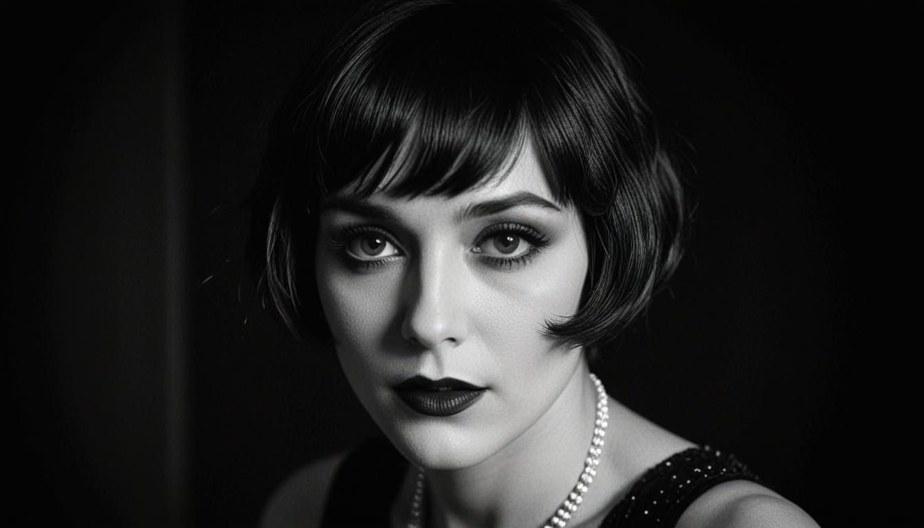Cinematic film still, extreme close-up, A 1920s flapper starlet with a ...