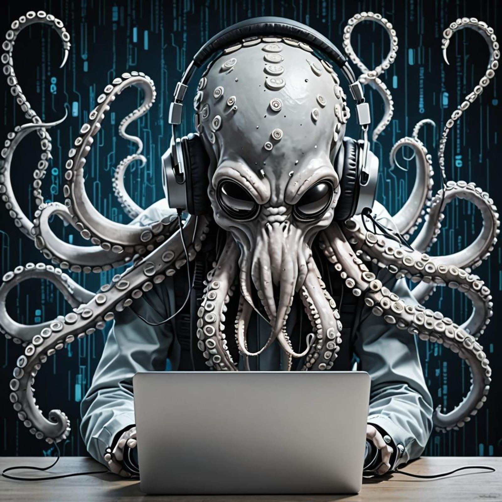 Binary Code Dream about octopus hacker with headset on laptop - AI ...