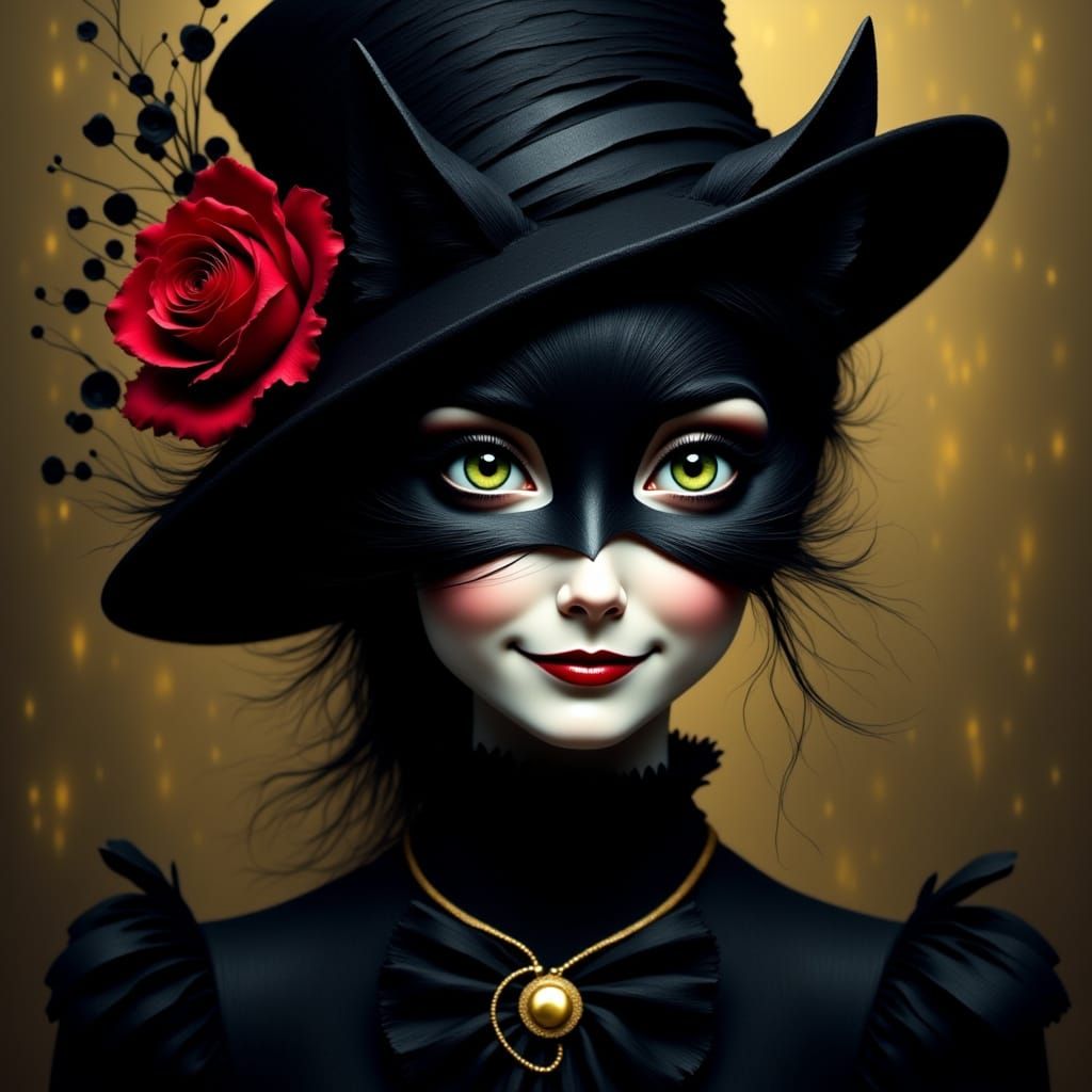 Gothic Cat Lady in Elegant Black Attire - AI Art