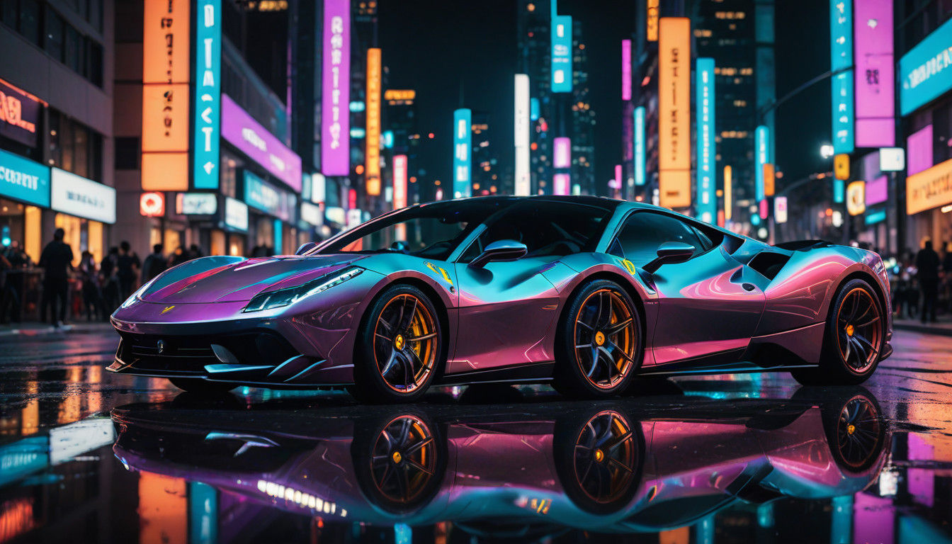 Cyberpunk City at Night: Custom Ferrari Automobile... - AI Art
