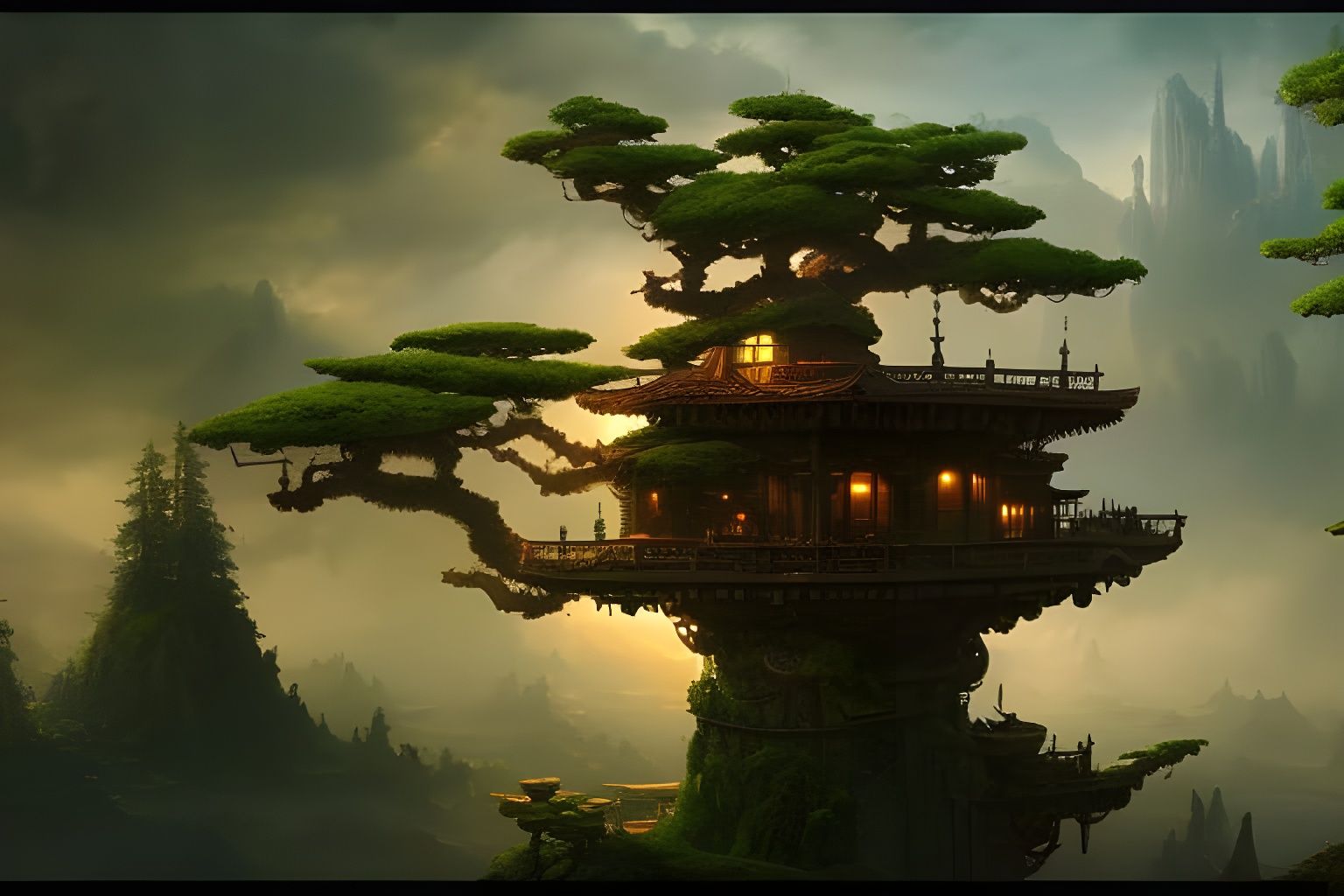 Concept art. Highly detailed matte painting of steampunk bonsai treehouse - AI Generated Artwork ...
