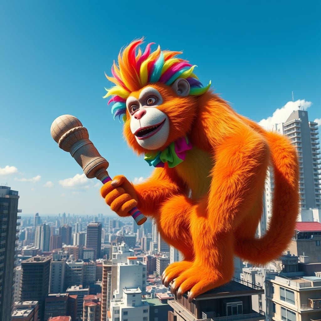 Giant Rainbow Clown Monkey - Vibrant Cityscape Clown Monkey...