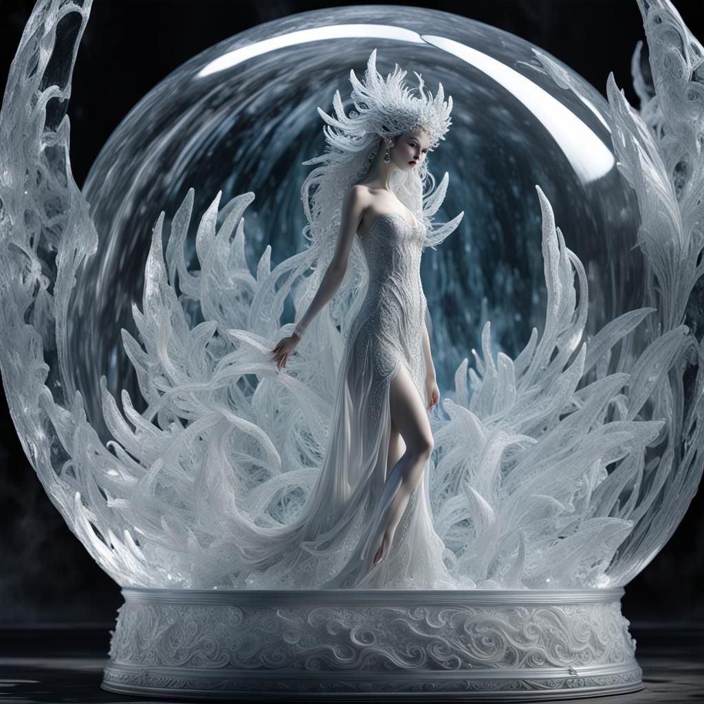 Gumiho looking angelic clear ice sculpture inside ice globe dressed ...