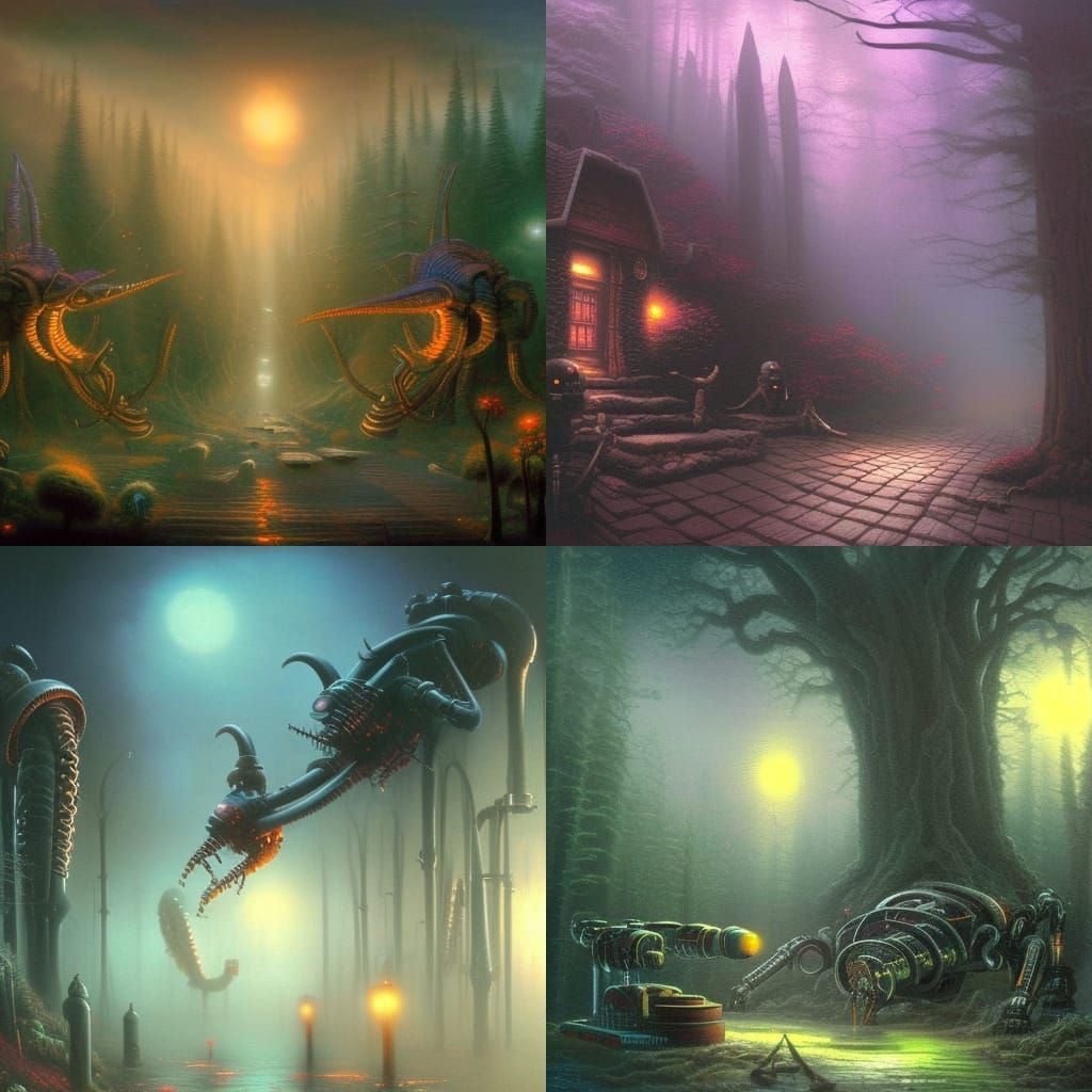 A Sci-Fi foggy horror scene, highly detailed, critters, aliens ...