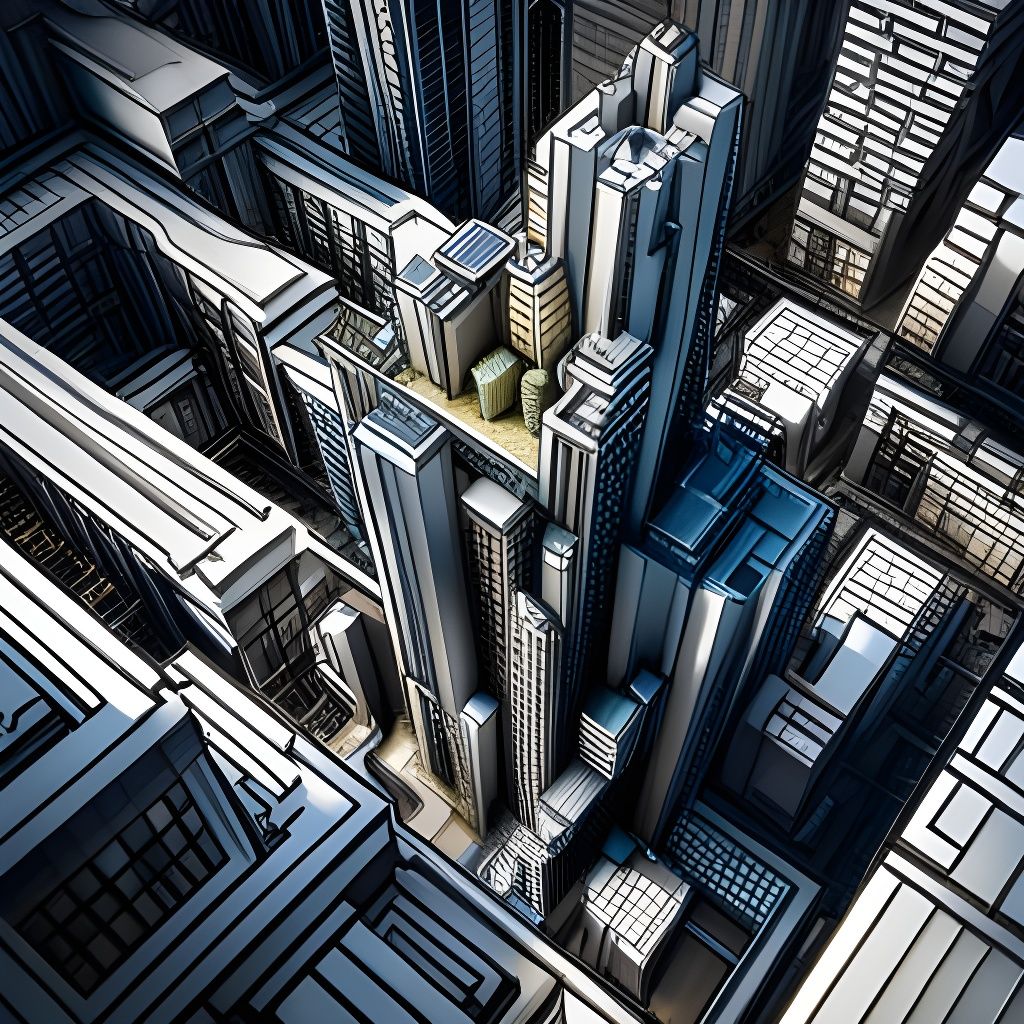 M.C. Escher metropolis of skyscrapers with interconnected staircases ...