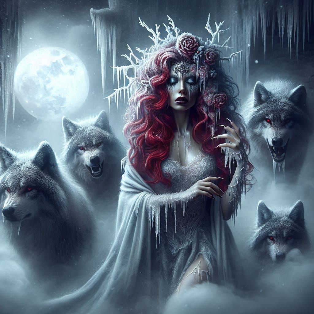 The image is of a spectral woman coming out of the fog with a pack of ...