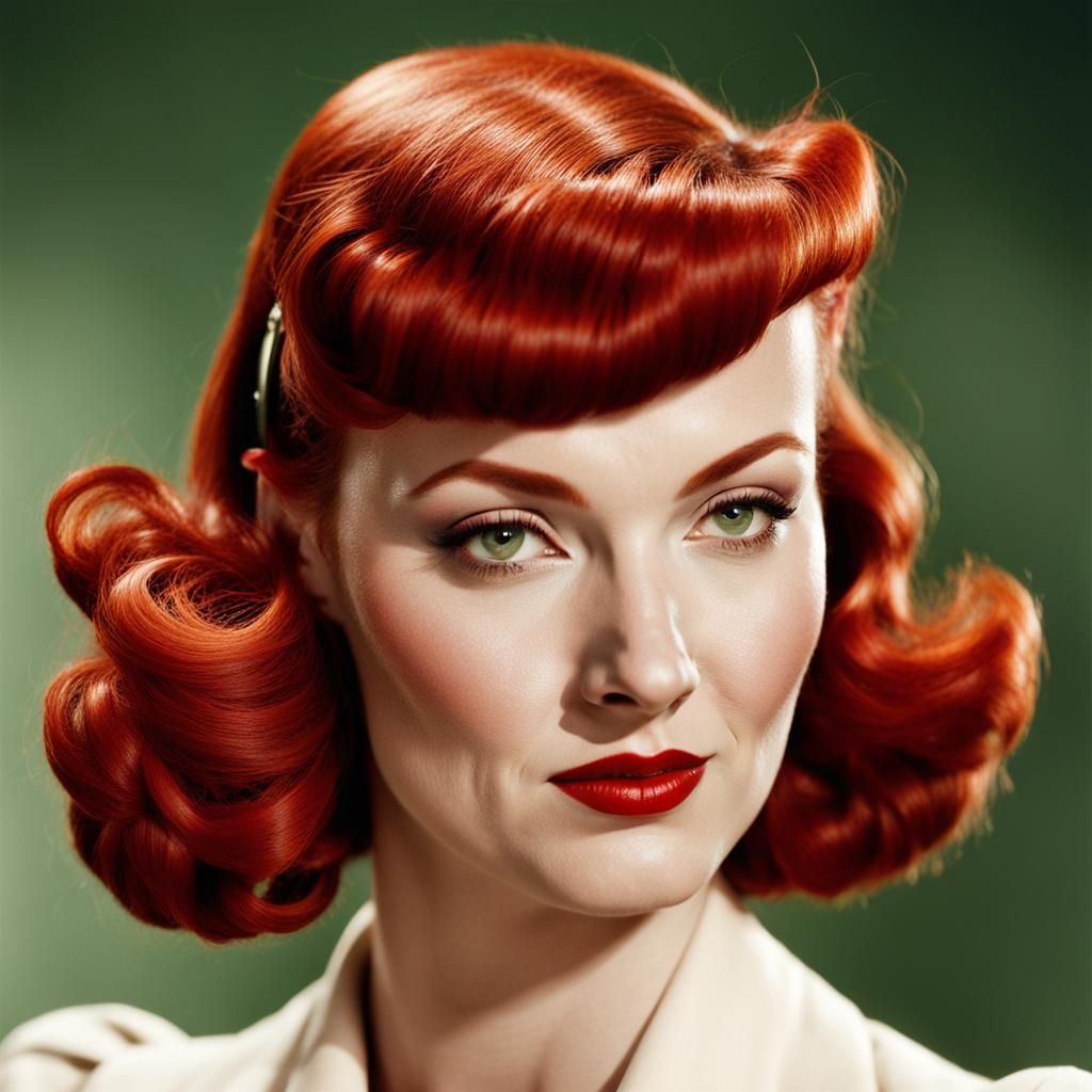 women with crimson red hair bumper bangs 1940s vintage - AI Generated ...