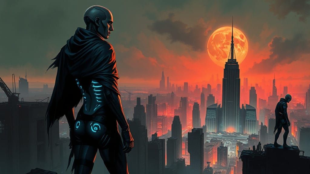 Cyberpunk Android Overlooks Desolate Cityscape - AI Art