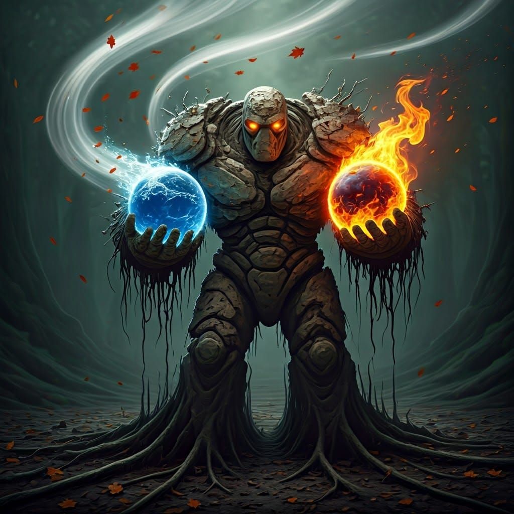 Elements - Surreal Golem Holds Spheres of Elementals in Arms