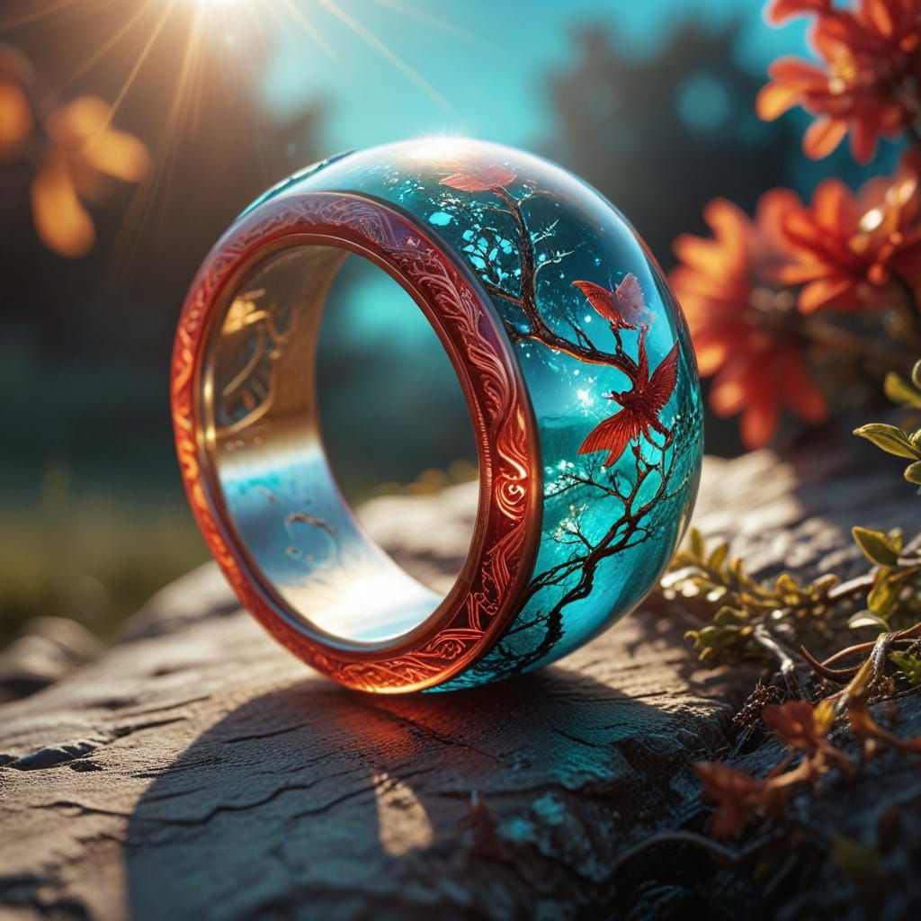 An elven resin ring, with subtle Gaussian electromagnetism glowing in ...