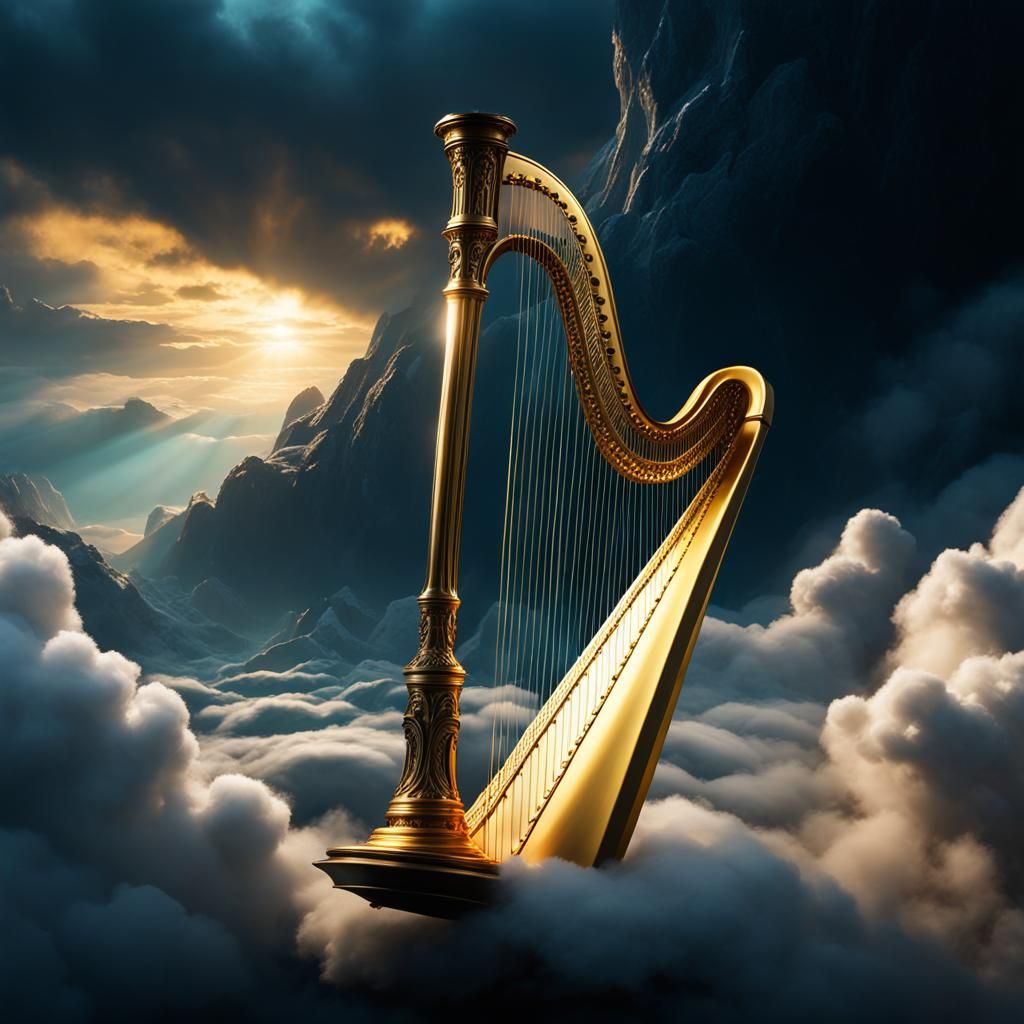 A shadowy golden harp floats between clouds in an ethereal setting ...