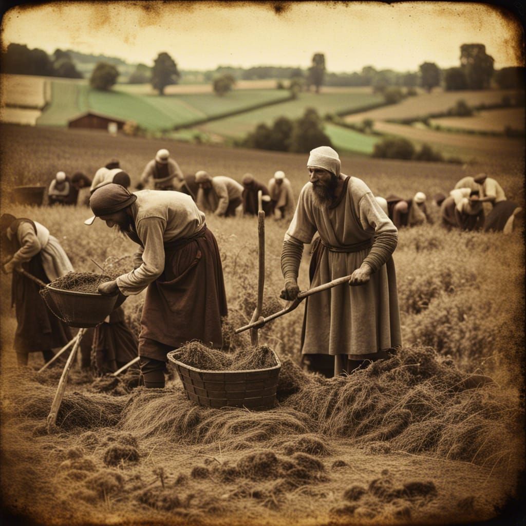 Medieval peasants working in a field 11th century, daguerrotype - AI ...