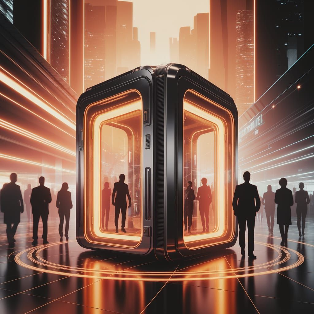 A busy teleportation booth. - Teleportation Hub in Futurist...