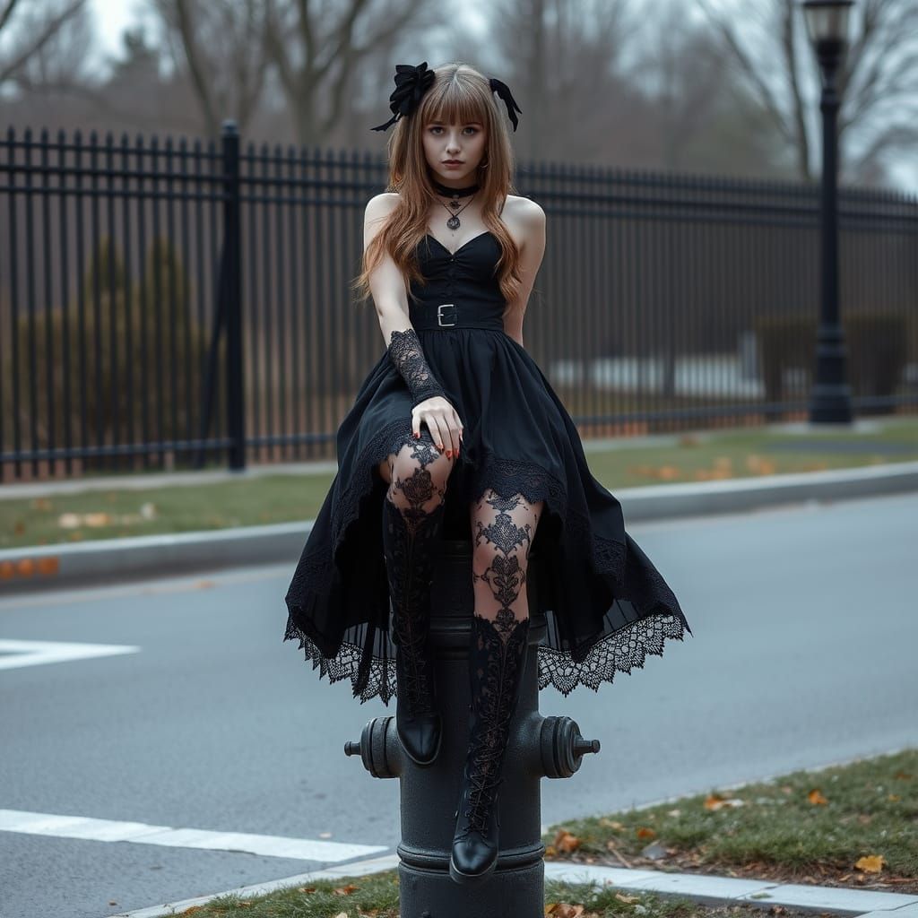 Gothic cutie, on a fire hydrant - Gothic Beauty on a Dark F...