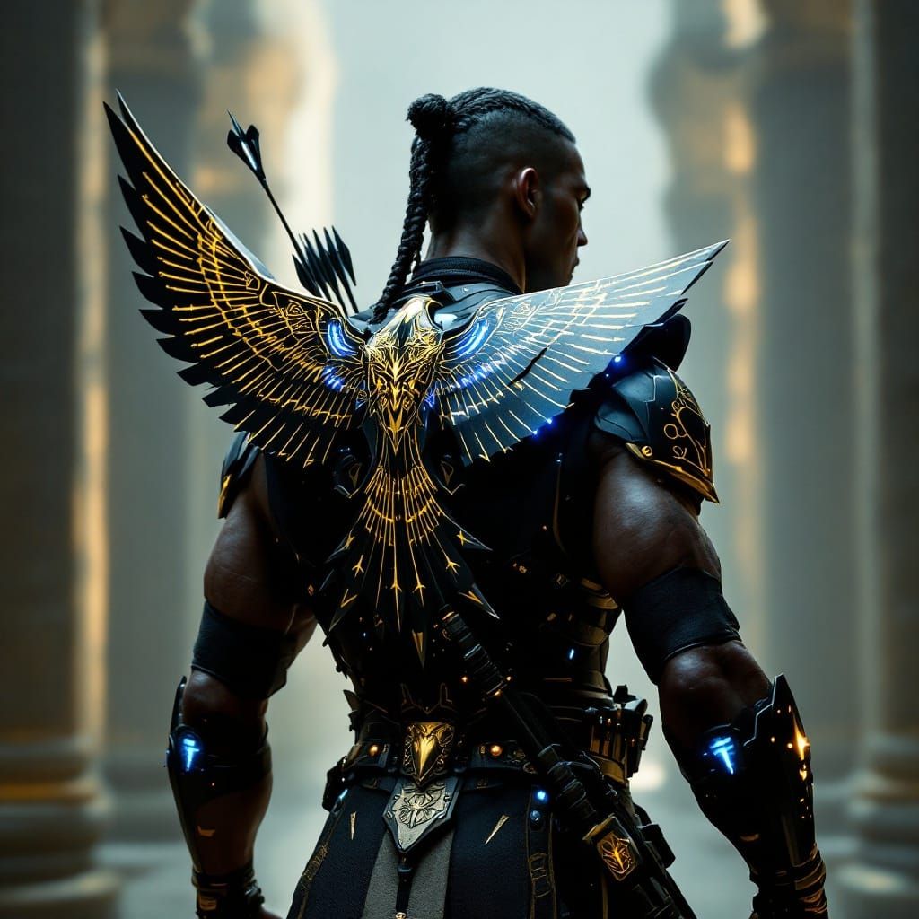 Ancient-Tech Warrior Stands Poised with Obsidian B... - AI Art