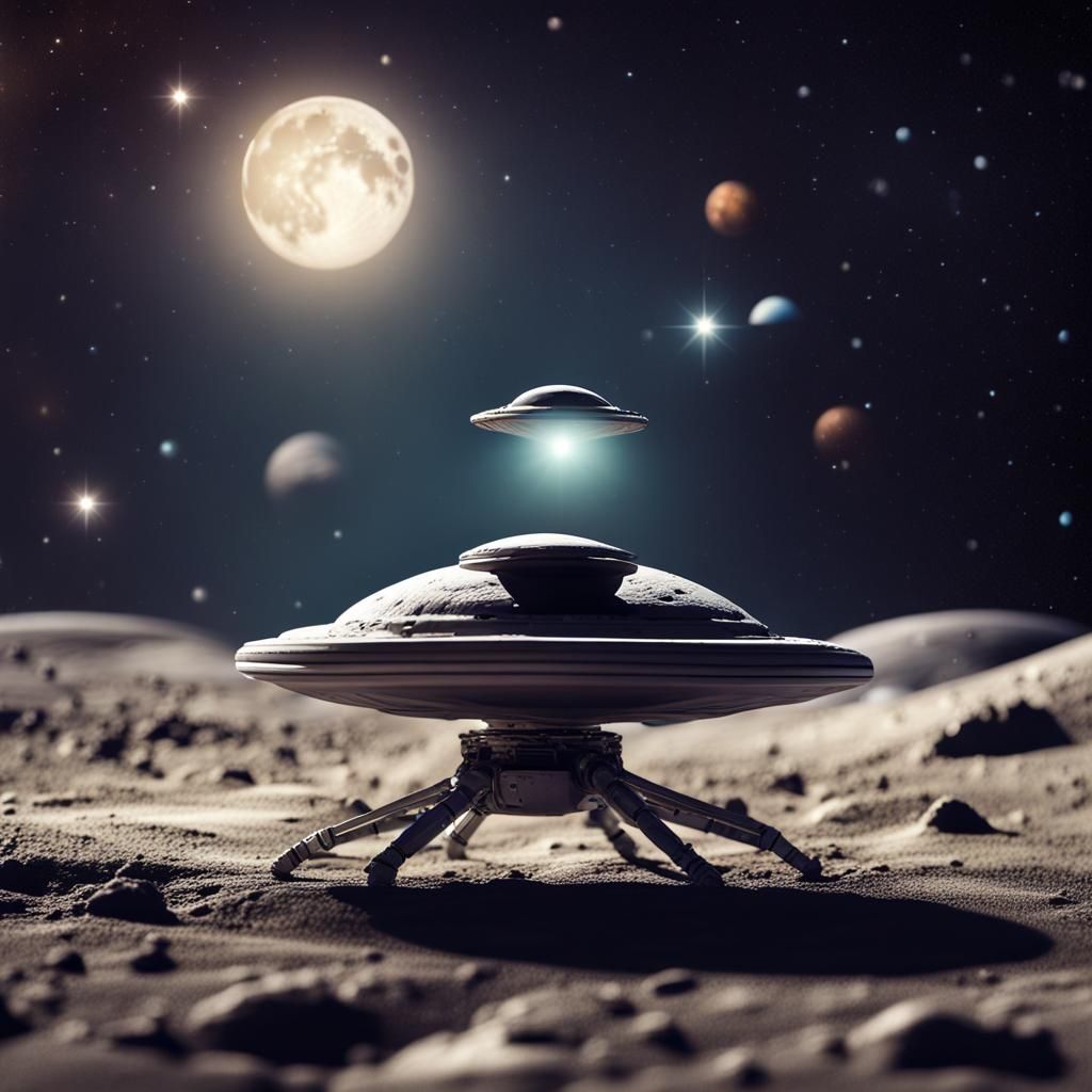 Photograph, Macro, miniature ufo with alien in it on the moon surface ...
