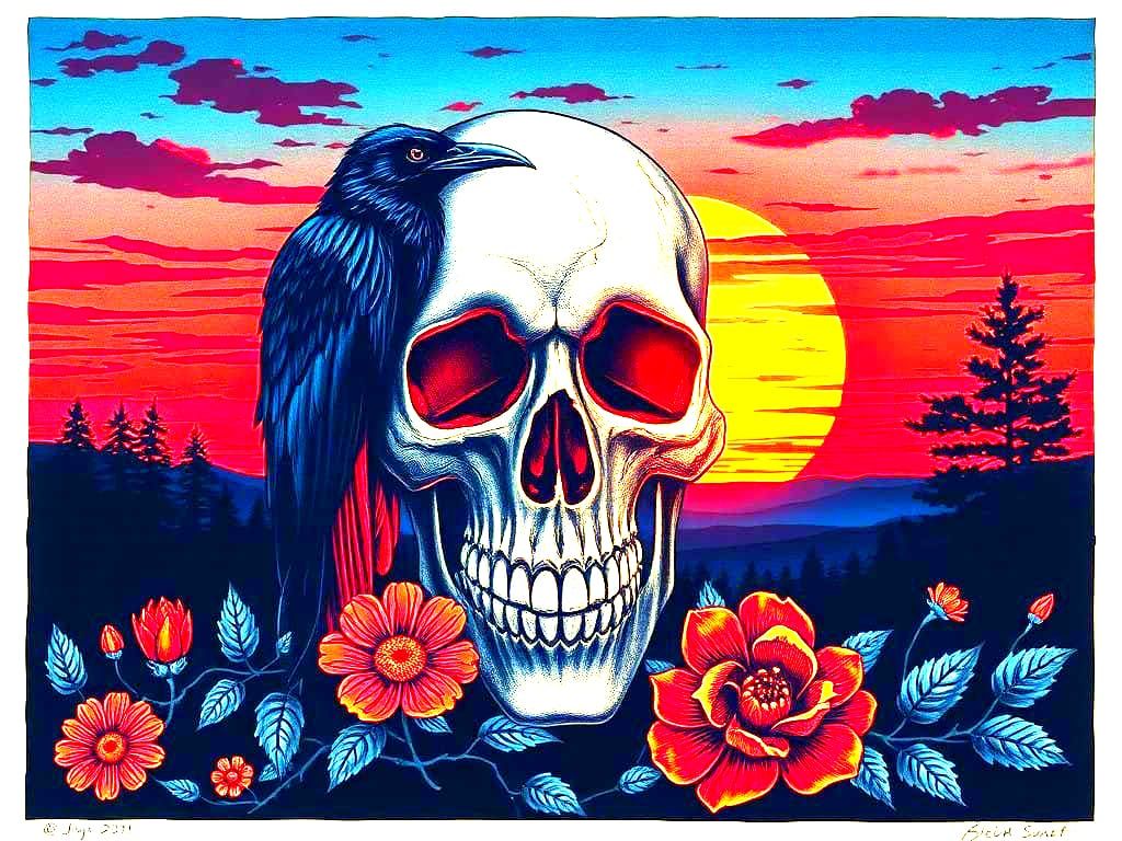 Gothic Sunset Floral Skull in Chromolithography St... - AI Art