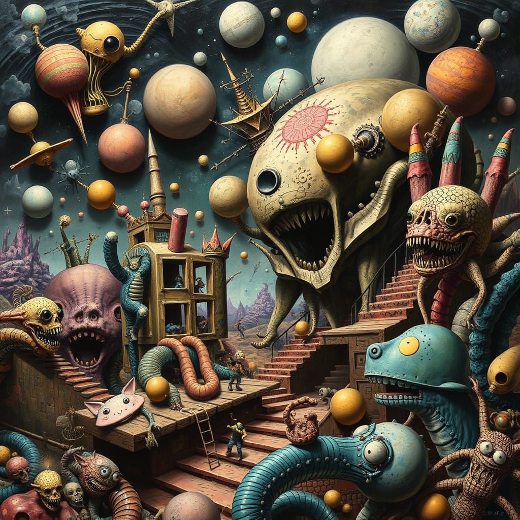 a chaotic pop surrealism piece inspired by the works of Picasso, Terry ...