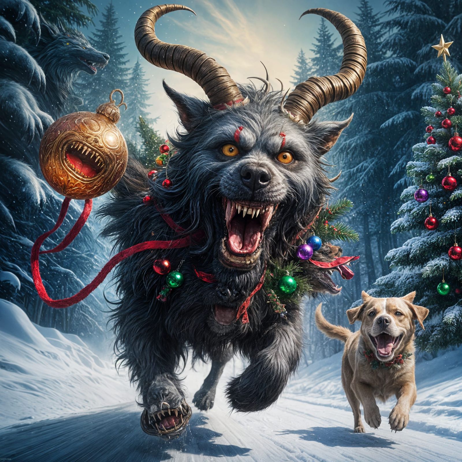 Dog Runs from Krampus with Christmas Tree as Splas... - AI Art
